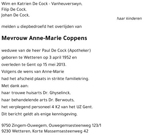 Avis De Décès De Anne Marie Coppens Décédé Le 15052013 à Gent