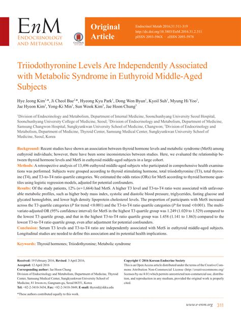 Pdf Triiodothyronine Levels Are Independently Associated With Metabolic Syndrome In Euthyroid