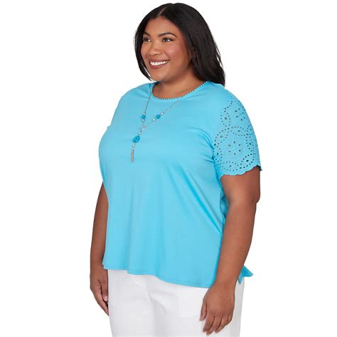 Plus Womens Solid Eyelet Sleeve Tee With Necklace Alfred Dunner