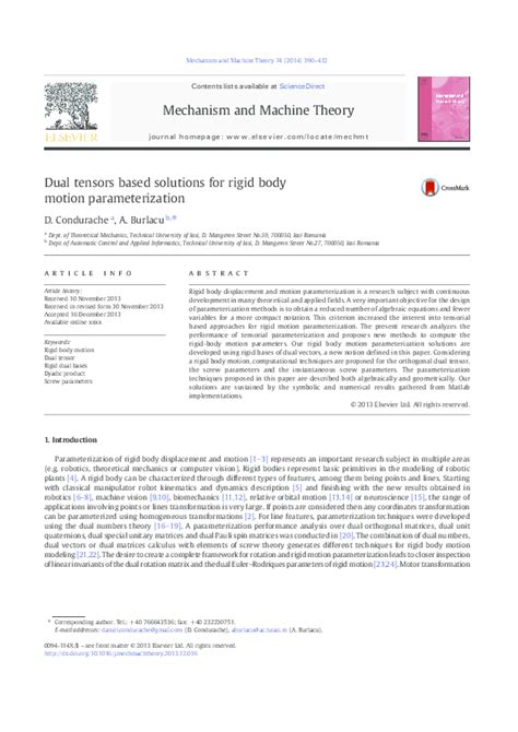 Pdf Dual Tensors Based Solutions For Rigid Body Motion Parameterization