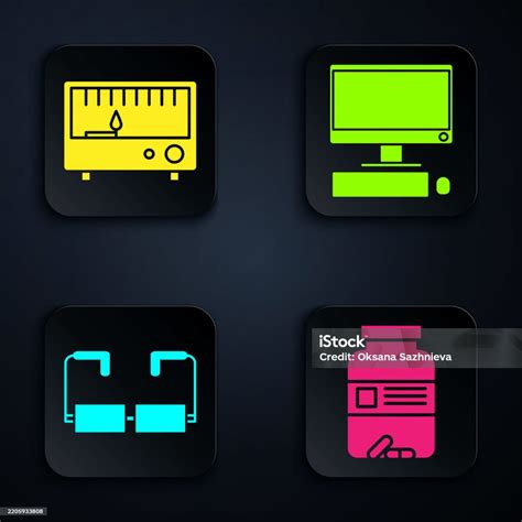 약 병과 알약 전기 측정 기기 안경 및 키보드와 마우스가있는 컴퓨터 모니터를 설정합니다 검은색 사각형 버튼 벡터 건강 진단에