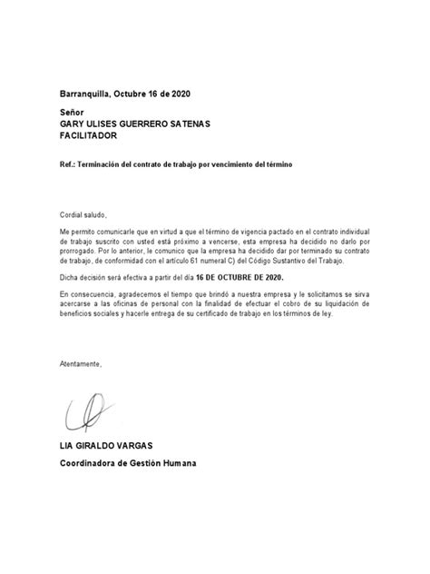Labace Modelo De Carta Para La Terminacion De Un Contrato Deejemplo De Carta Terminacion Contrato
