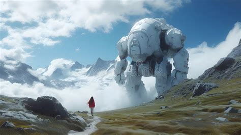 Fantasy Scene A Woman Walking Towards A Space Robot A Spaceship Stock Illustration