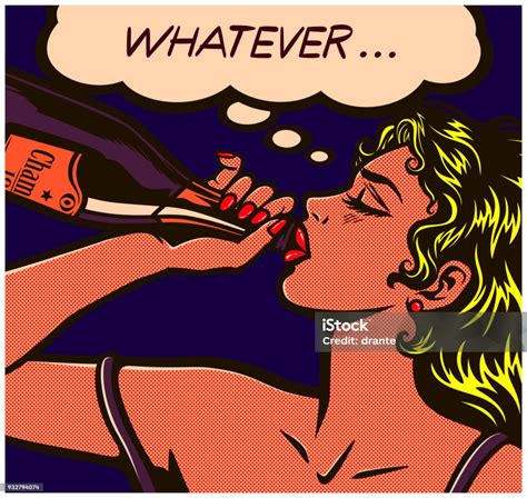 팝 아트 만화 부주의 여자 진 탕 마시는 그녀의 슬픔 알코올 남용 벡터 일러스트 레이 션을 익사 팝 아트에 대한 스톡 벡터 아트