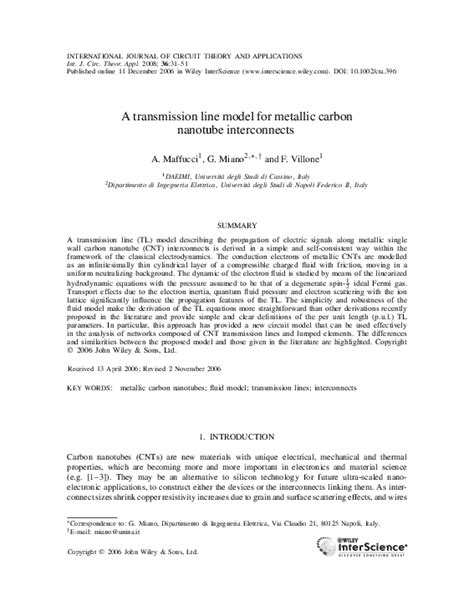 Pdf A Transmission Line Model For Metallic Carbon Nanotube Interconnects