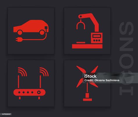 풍력 터빈 전기 자동차 로봇 로봇 팔 손 공장 및 라우터 및 Wifi 신호 아이콘을 설정합니다 벡터 검은색에 대한 스톡 벡터 아트 및 기타 이미지 Istock