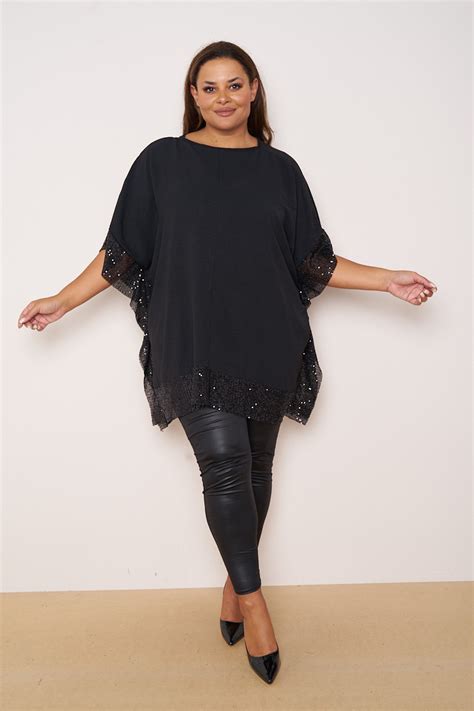 Plus Size Black Sequin Detail Short Sleeve Top Praslin Clothing