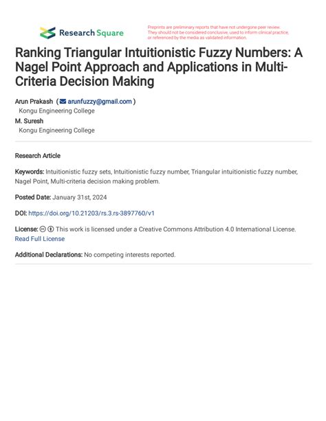 Pdf Ranking Triangular Intuitionistic Fuzzy Numbers A Nagel Point Approach And Applications