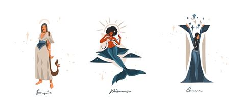 손으로 그린 벡터 스톡 추상그래픽 일러스트와 조디악 천체 현대 물 표지판 컬렉션 세트 뷰티 매직 여성 캐릭터 흰색 배경에 고립 된 클립 아트 보호 디자인 게자리에 대한 스톡