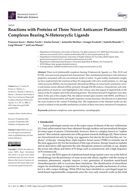 Pdf Reactions With Proteins Of Three Novel Anticancer Platinumii Complexes Bearing N