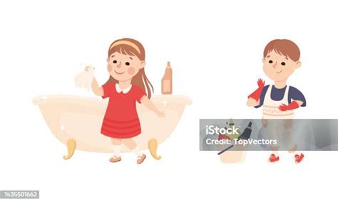 집안일을 하는 귀여운 애들 욕조를 청소하는 어린 소녀 세제를 사용하여 장갑을 입은 소년 만화 벡터 일러스트 레이 션 가사 집안일에 대한 스톡 벡터 아트 및 기타 이미지