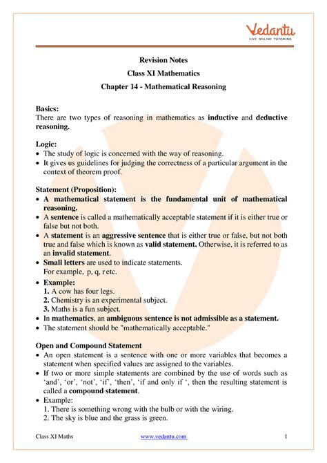 Class Revision Notes Mathematical Reasoning Revision Notes Class XI Mathematics Chapter