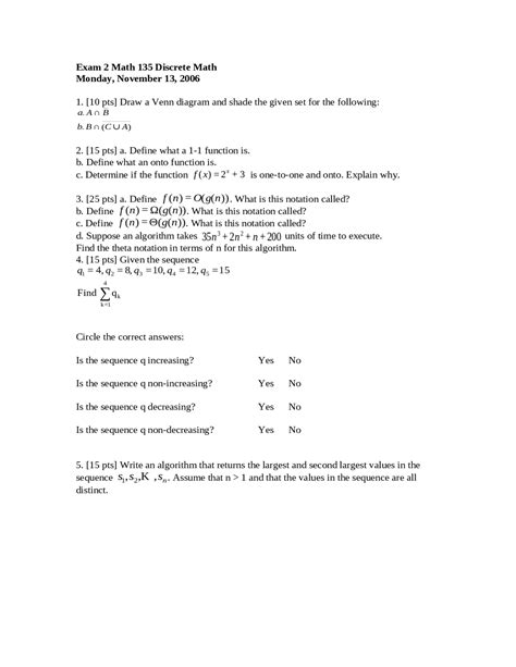 9 Questions On Discrete Mathematics Examination 2 Fall 2006 Math