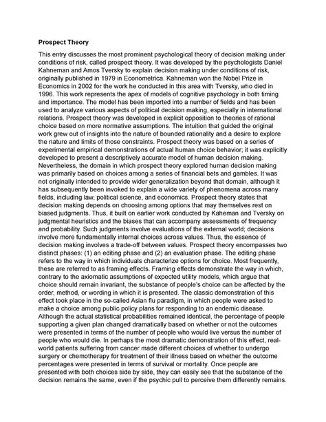 Prospect Theory Prospect Theory This Entry Discusses The Most