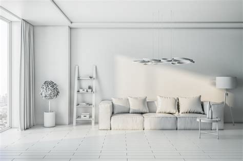 커튼 창문 도시 전망 가구 및 일광이있는 현대적인 흰색 미니멀 한 거실 인테리어 3d 렌더링 0명에 대한 스톡 사진 및 기타 이미지 Istock