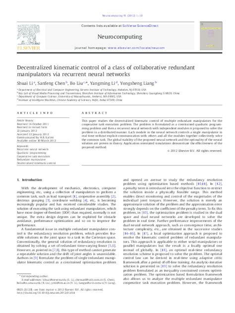 Pdf Decentralized Kinematic Control Of A Class Of Collaborative Redundant Manipulators Via