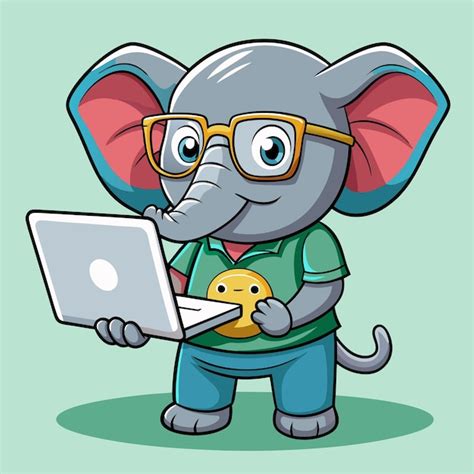 Cute Elephant Programmer In Glasses Cartoon Vector Art Premium Ai