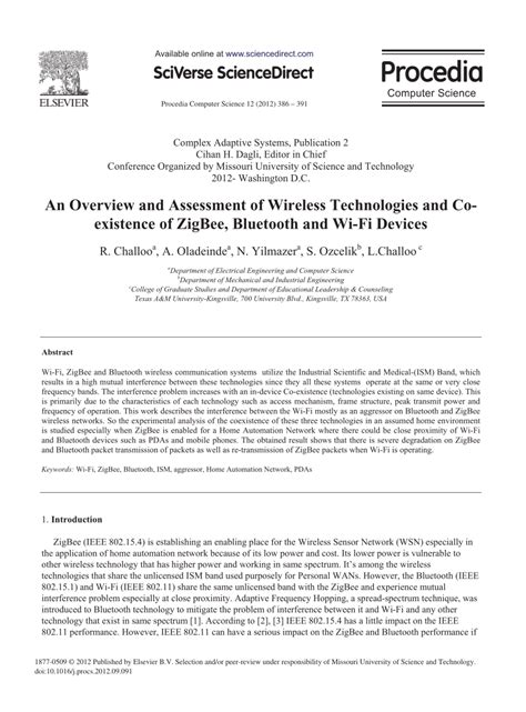 PDF An Overview And Assessment Of Wireless Technologies And Co Existence Of ZigBee Bluetooth