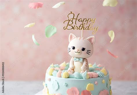 생일 축하 파티 고양이 캐릭터 케잌 이미지 생일케이크 버스데이 텍스트 생일 이벤트 케이크 Stock Foto Adobe Stock