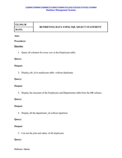 Ex Hbjiljljl7 Database Management Systems Exno Retrieving Data