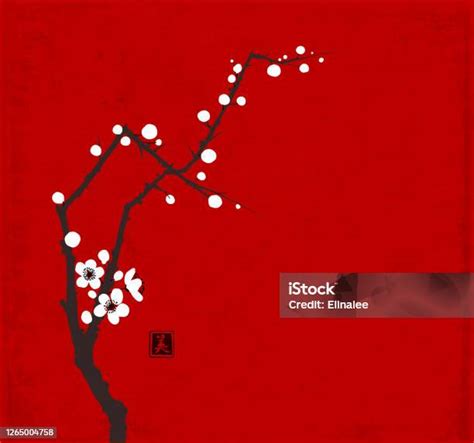 붉은 배경에 벚꽃일본 벚꽃의 지점 전통적인 동양 잉크 페인팅 스미e U죄 고화 상형 문자 아름다움 0명에 대한 스톡 벡터 아트 및 기타 이미지 Istock