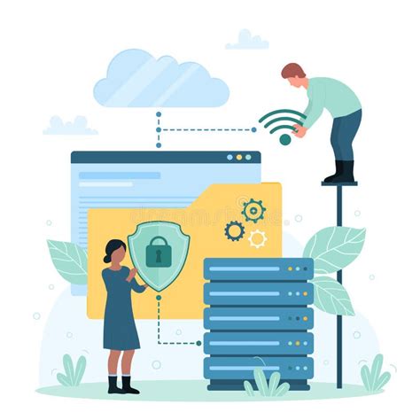 Cyber Safety Software Digital Technology Tiny People Protect Data In Computer Server Stock