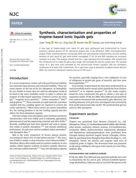 Pdf Synthesis Characterization And Properties Of Tropine Based Ionic Liquids Gels