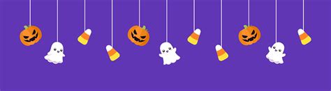 유령 사탕 옥수수 잭 오 랜턴 호박이 있는 해피 할로윈 국경 배너 으스스한 장식품 장식 벡터 그림 트릭 또는 치료 파티 초대장 10월에 대한 스톡 벡터 아트 및 기타 이미지