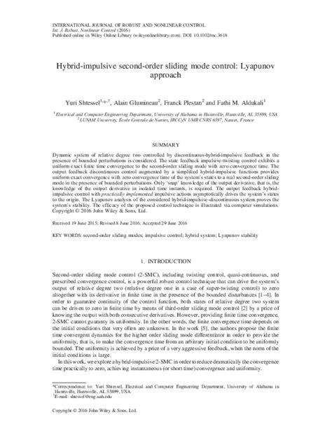 Pdf Hybrid Impulsive Second Order Sliding Mode Control Lyapunov Approach