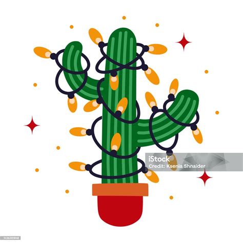 화환이있는 크리스마스 선인장 흰색에 고립 된 손으로 그린 그림 전구로 장식 된 냄비에 집 꽃 축제 식물 벡터 아이콘입니다 카드 포스터 인쇄물을위한 플랫 만화 클립 아트