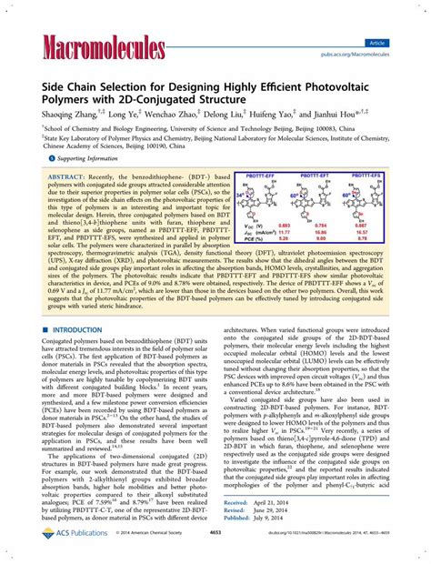 Pdf Side Chain Selection For Designing Highly Efficient Photovoltaic Polymers With 2d