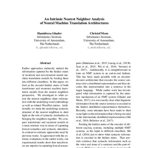 An Intrinsic Nearest Neighbor Analysis Of Neural Machine Translation Architectures Acl Anthology