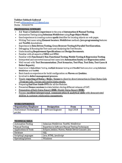 Vaibhav Gaikwad Resume Pdf Software Testing Selenium Software