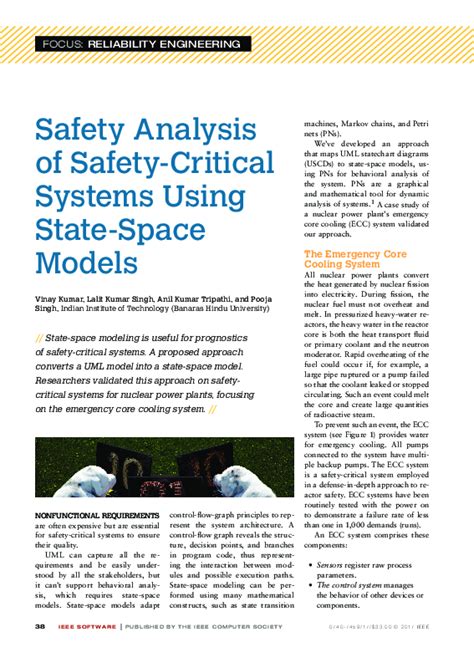 Pdf Safety Analysis Of Safety Critical Systems Using State Space Models