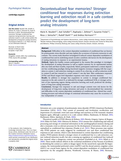 Pdf Decontextualized Fear Memories Stronger Conditioned Fear Responses During Extinction