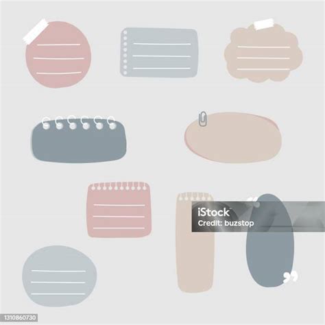 귀여운 손으로 그린 세트 인용 표시와 빈 찢어진 종이 시트 스티커 메모 패드 음성 거품 풍선 생각 말 이야기 알림 계획 텍스트 상자 배너 노트에 대한 스톡 벡터 아트 및