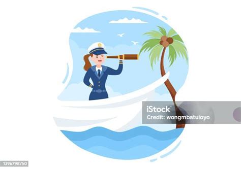 여성 유람선 선장 만화 일러스트 레이 션 선원 유니폼을 입고 배를 타고 쌍안경으로 보거나 평평한 디자인으로 항구에 서있다 관 튜브에 대한 스톡 벡터 아트 및 기타 이미지