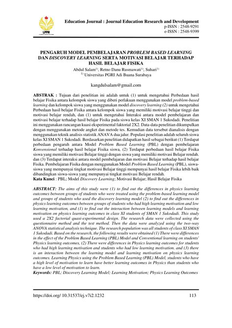 Pdf Pengaruh Model Pembelajaran Problem Based Learning Dan Discovery Learning Serta Motivasi