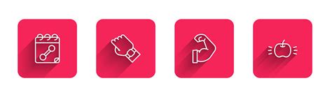 세트 라인 캘린더 피트니스 손에 스마트 시계 보디 빌더 근육 및 긴 그림자가있는 Apple 빨간색 사각형 버튼 벡터 건강한 생활방식에 대한 스톡 벡터 아트 및 기타 이미지