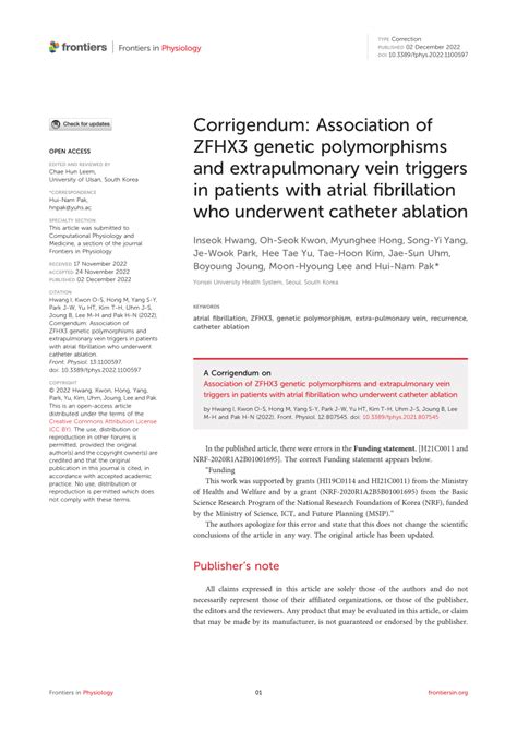 Pdf Corrigendum Association Of Zfhx3 Genetic Polymorphisms And Extrapulmonary Vein Triggers
