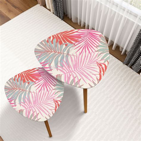 Triangle Nesting Coffee Table Set Of 2 Colorful Tropical Leaves