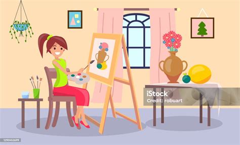 홈 인테리어의 의자에 앉아 사진을 그리는 미소 짓는 소녀 그림을 가진 여성 예술가 가공의 인물에 대한 스톡 벡터 아트 및 기타