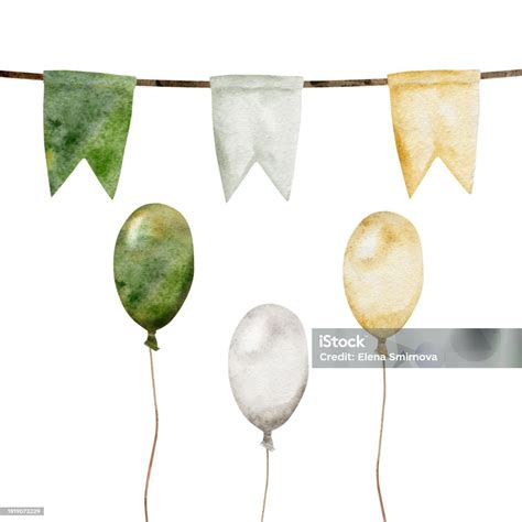 수채화 손으로 그린 그림 성 패트릭 휴일 아일랜드 전통 상징 국가 색상 깃발 풍선 흰색 배경에 고립된 구성입니다 초대장 인쇄 웹사이트 카드 3월에 대한 스톡 벡터 아트 및