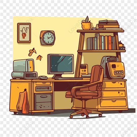 의자와 책장이 있는 컴퓨터 데스크탑의 직장 클립 아트 만화 그림 벡터 Png 일러스트 무료 다운로드 Lovepik