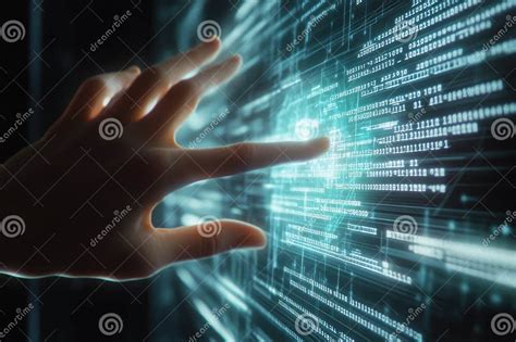 Hand Reaching Towards Digital Binary Code Matrix In Futuristic Technology Concept Stock Image
