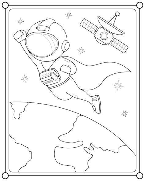 어린이 색칠 페이지 벡터 일러스트 레이 션에 적합한 공간에서 우주 비행사 슈퍼 히어로 프리미엄 벡터