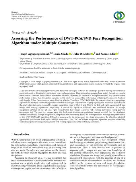 Pdf Assessing The Performance Of Dwt Pcasvd Face Recognition