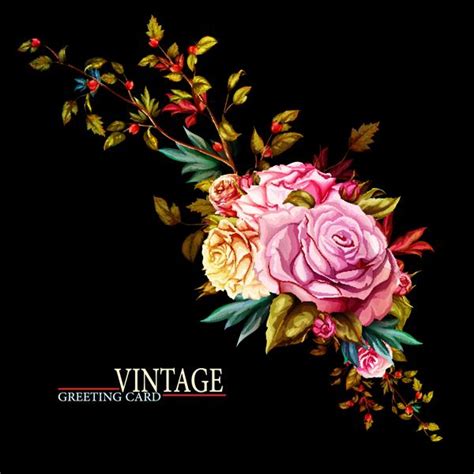 کارت پستال قدیمی گل ها دسته گل پنج گل رز با غنچه برگ و شاخه در زمینه مشکی آبرنگ طراحی شده با دست