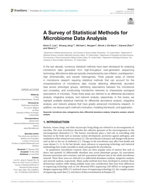 PDF A Survey Of Statistical Methods For Microbiome Data Analysis