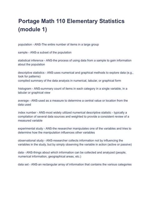 Portage Math 110 Elementary Statistics Module 1 Questions And Answers